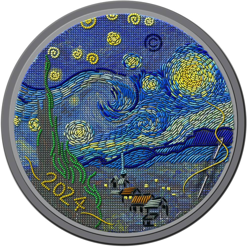 STARRY NIGHT Van Gogh Fine Embroidery Art 3 Oz Silver Coin $20 Palau ...