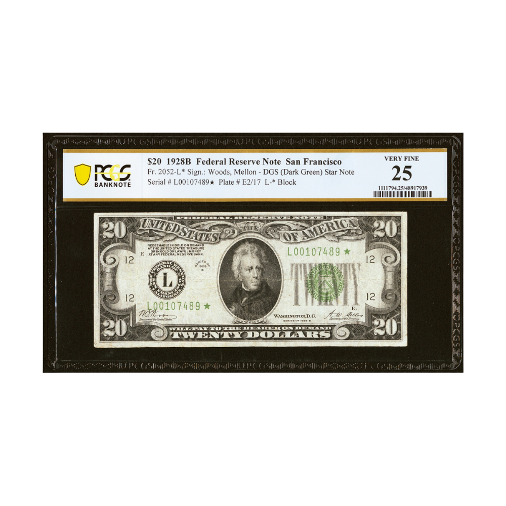 US $20 1928B Fr#2052-L★ Federal Reserve Note Star Note PCGS 25 Very ...