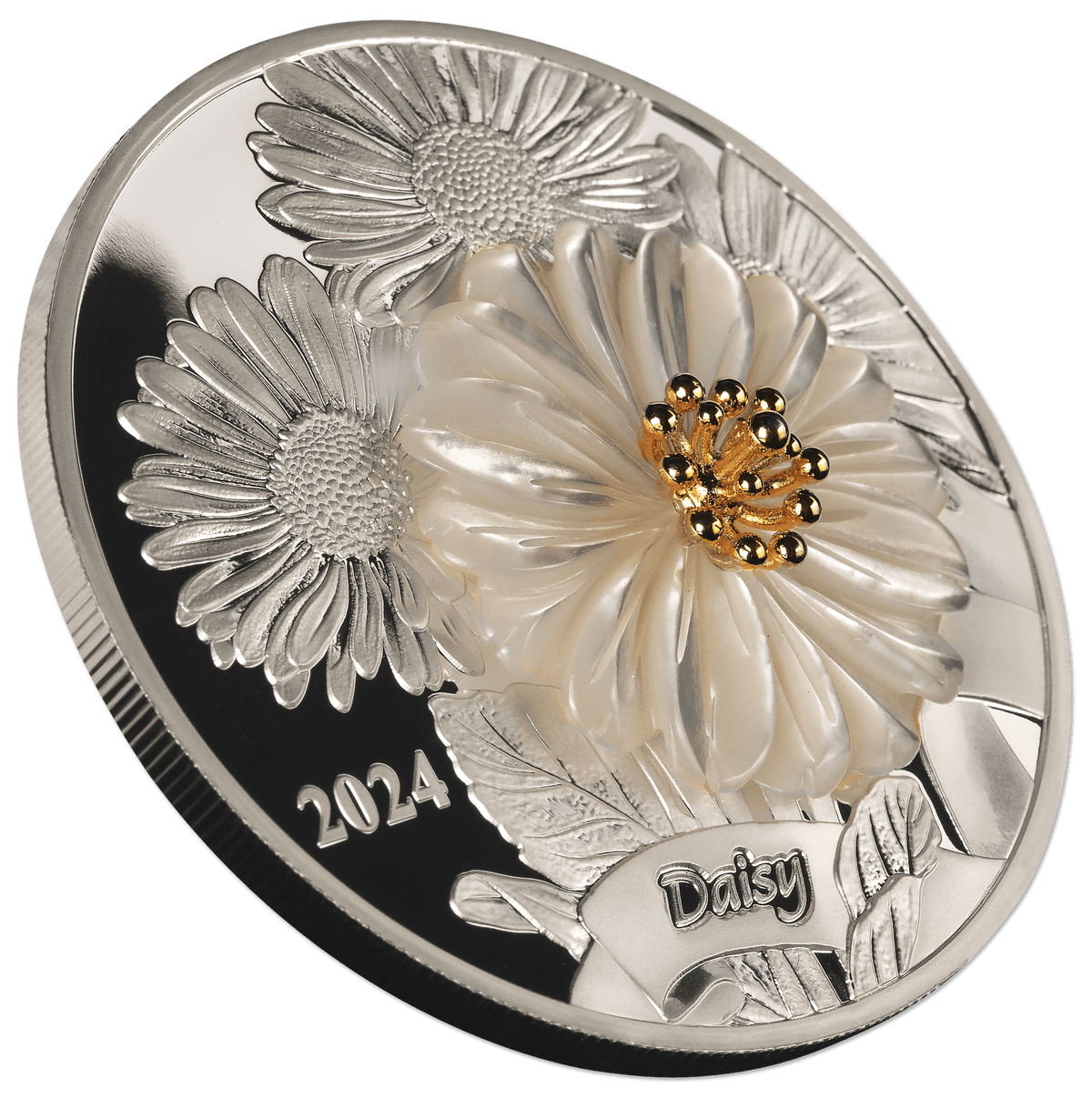 DAISY Flower 3D Mother of Pearl 2 Oz Silver Coin $5 Solomon Islands 2024 - MDM