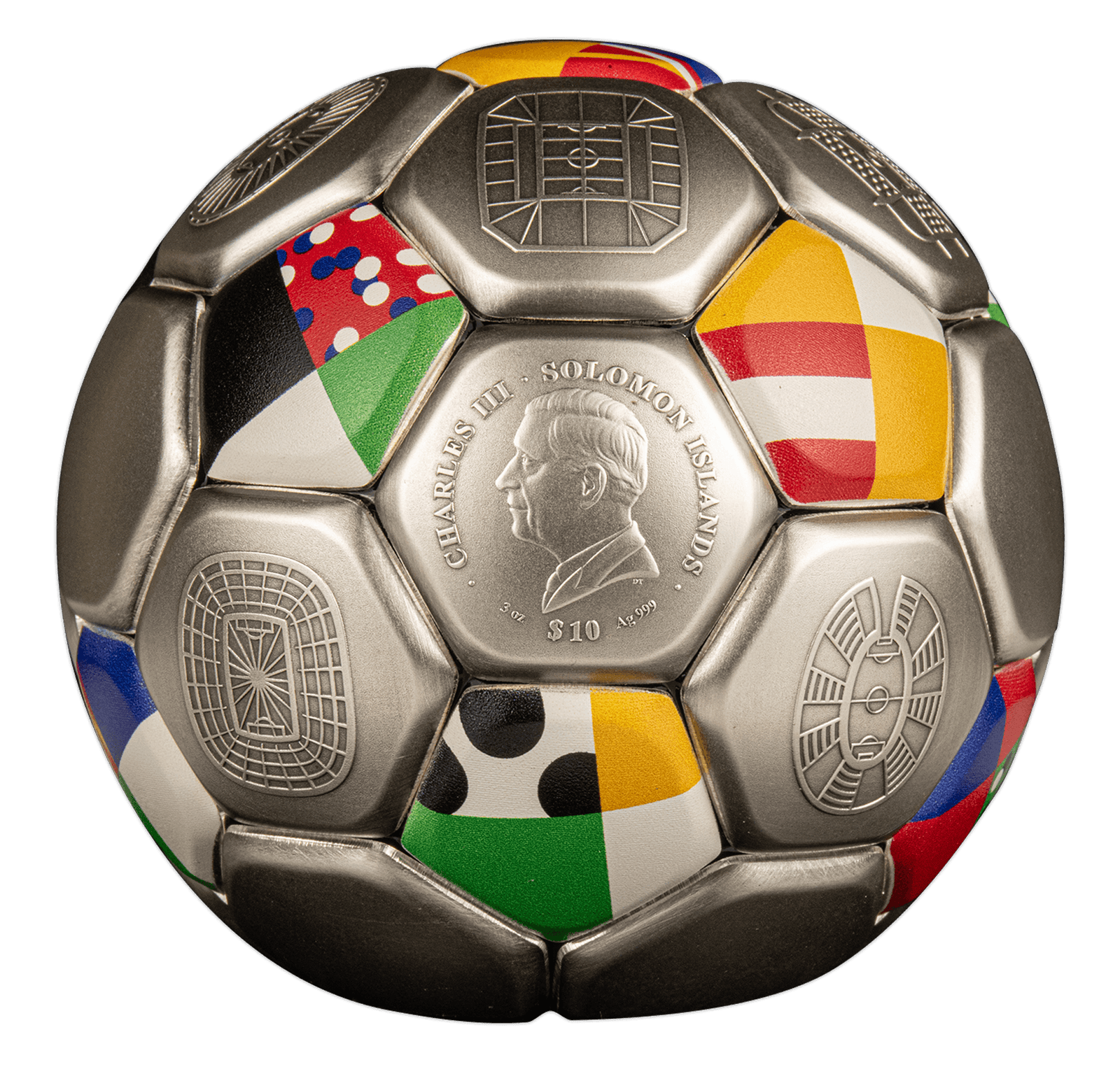 FOOTBALL UEFA EURO Spherical 3 Oz Silver Coin $10 Solomon Islands 2024 ...