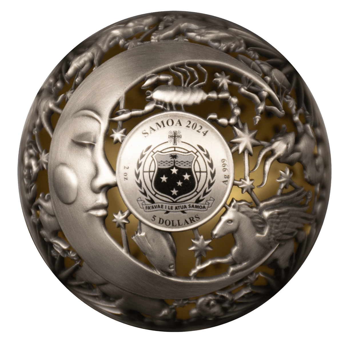 SUN AND MOON Filigree Spherical 2 Oz Silver Coin $5 Samoa 2024 - MDM