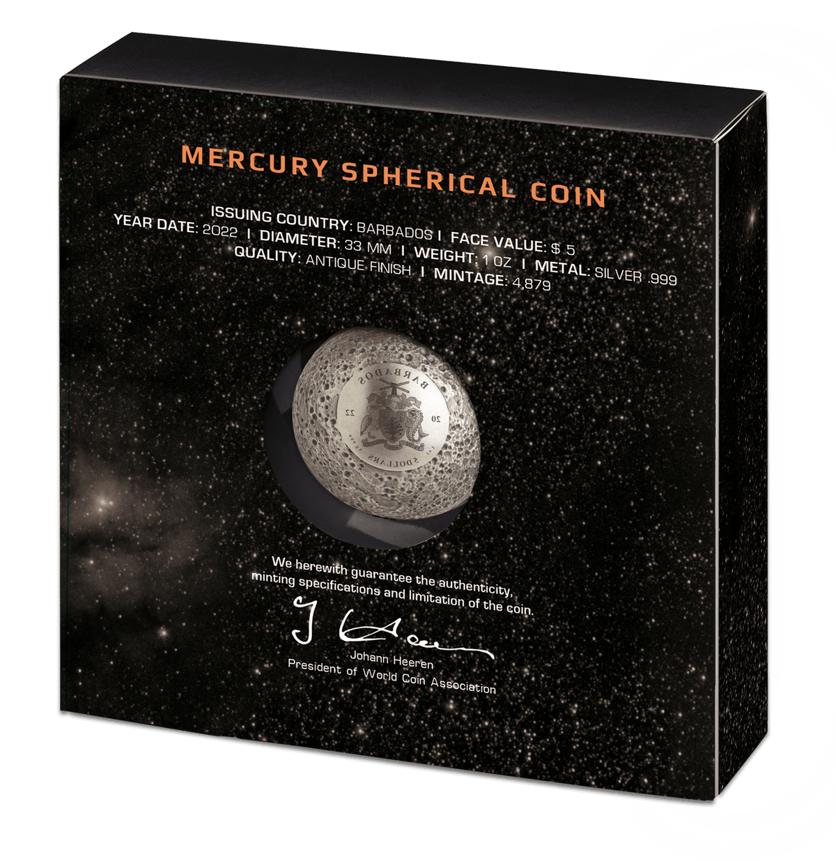 SPHERICAL MERCURY 3D Planet 1 Oz Silver Coin $5 Barbados 2022 - MDM